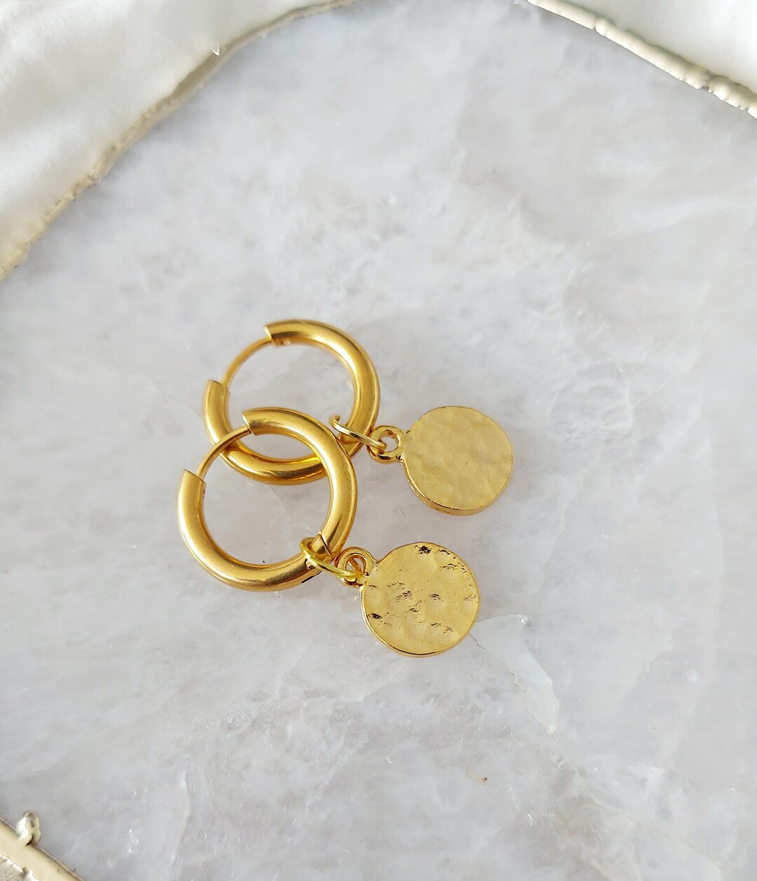 Gold Hammered Coin Hoop Earrings, Boho Charm Hoops - Etsy