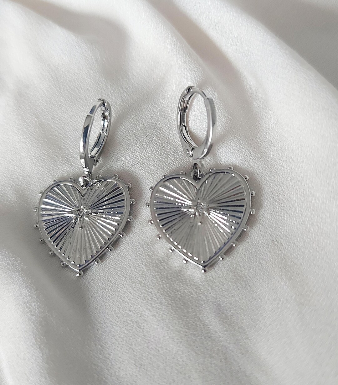 Silver Heart Charm Huggie Hoops, Silver Hoop Earrings, Large Heart ...