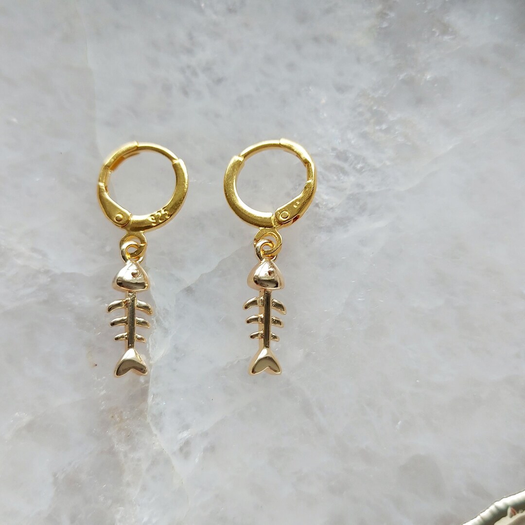 Gold Fish Bone Charm Hoop Earrings: Stainless Steel Posts - Etsy