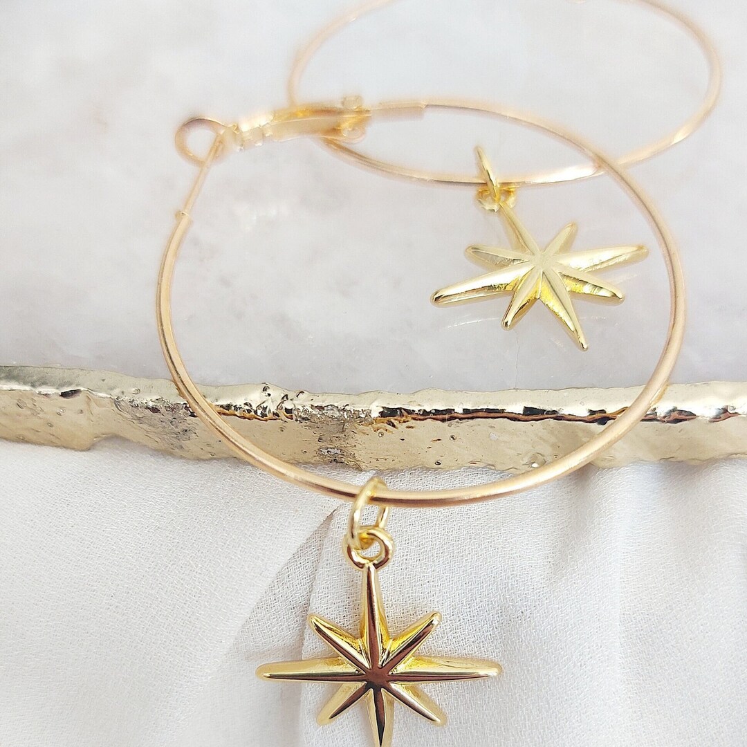 Large Gold Charm Hoops, Gold Star Earrings, Star Earrings, Festival ...