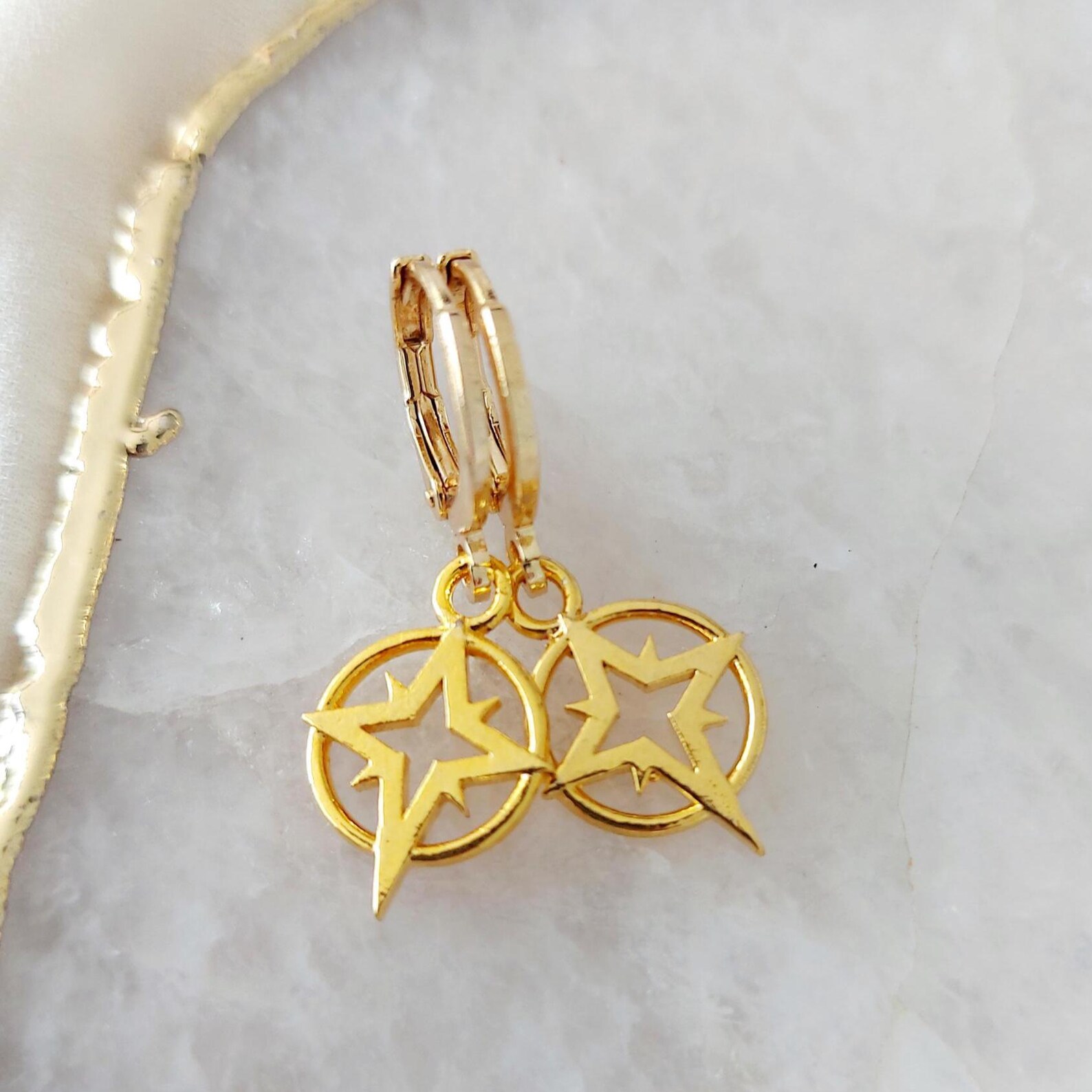 Gold Compass Moon Star Necklace and Huggie Hoop Earrings Set: Celestial ...