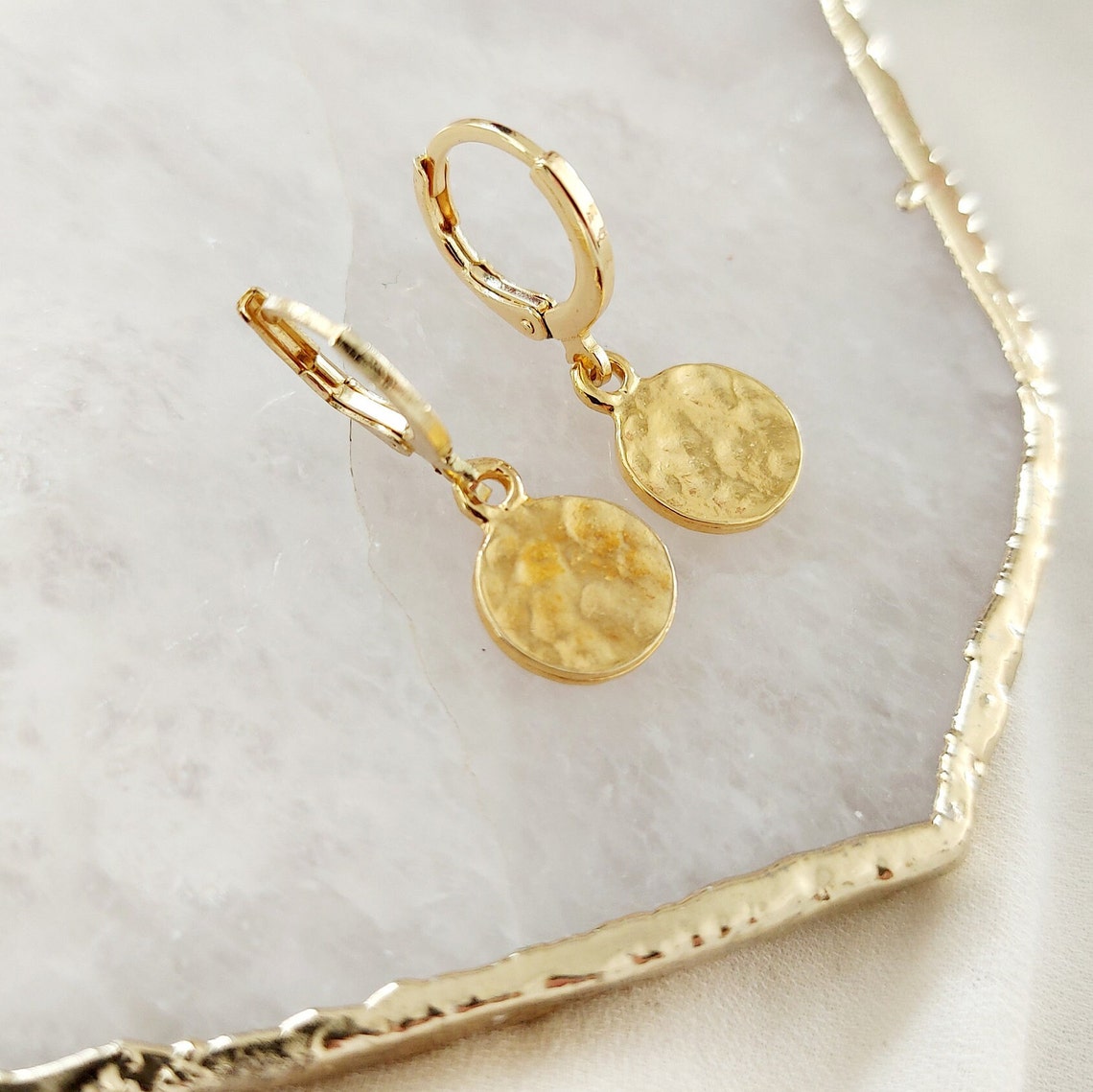 Hammered Gold Disc Earrings, Classic Gold Hoops, Coin Hoop Earrings ...