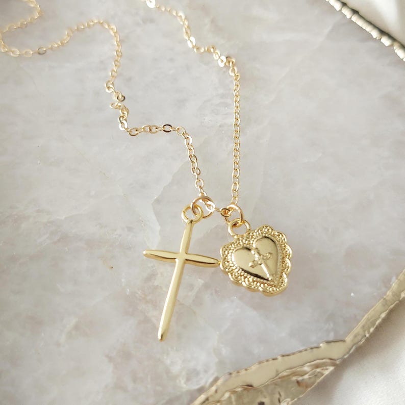 Dainty Gold Cross and Heart Necklace, 18k Gold Plated - Etsy UK