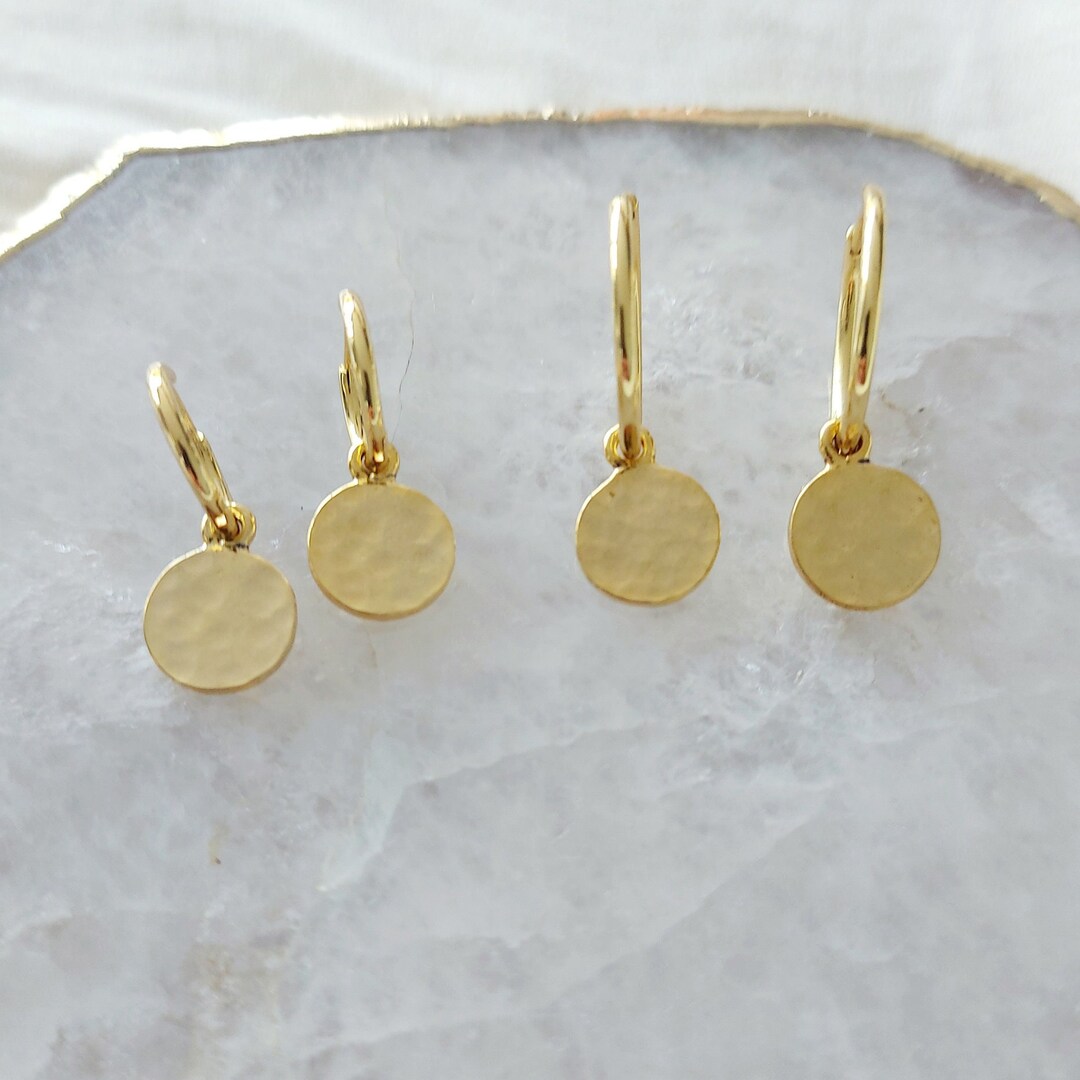 Hammered Gold Coin Hoop Earrings Set, 14kt Gold Plated, Dangle Charms ...