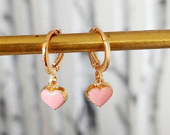 18K Gold Plated Heart Huggies Hoop Earrings With Baby Pink Heart Drop ...