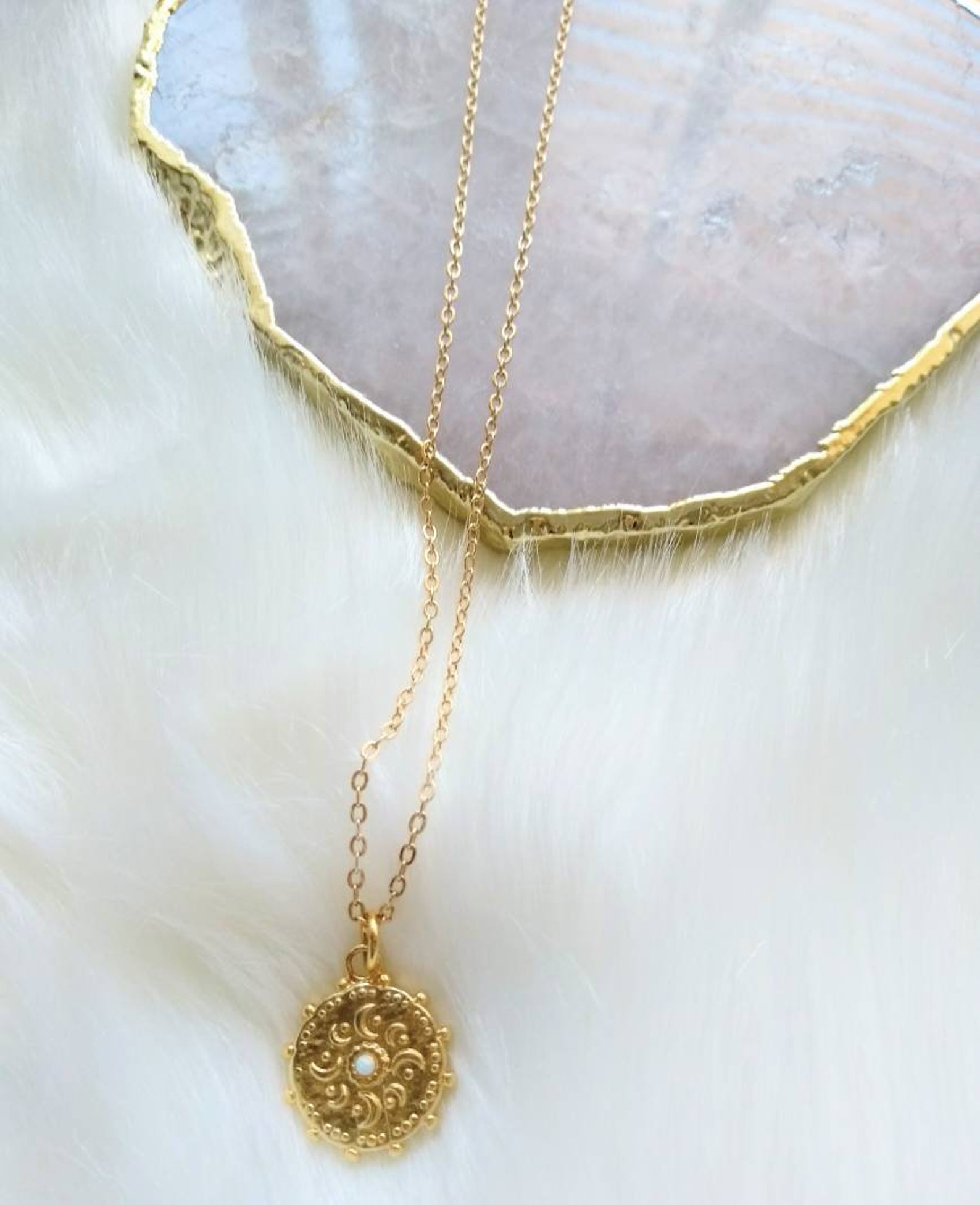 Opal Disc Coin Necklace Delicate Disc Necklace Opal Stone | Etsy UK