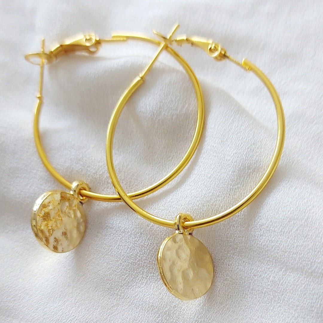 Gold Coin Hoop Earrings, Gold Hoops, Hammered Coin Earrings, Large Gold ...