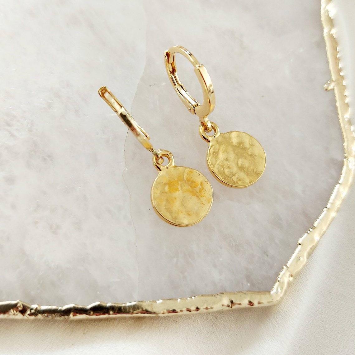 Hammered Gold Disc Earrings, Classic Gold Hoops, Coin Hoop Earrings ...