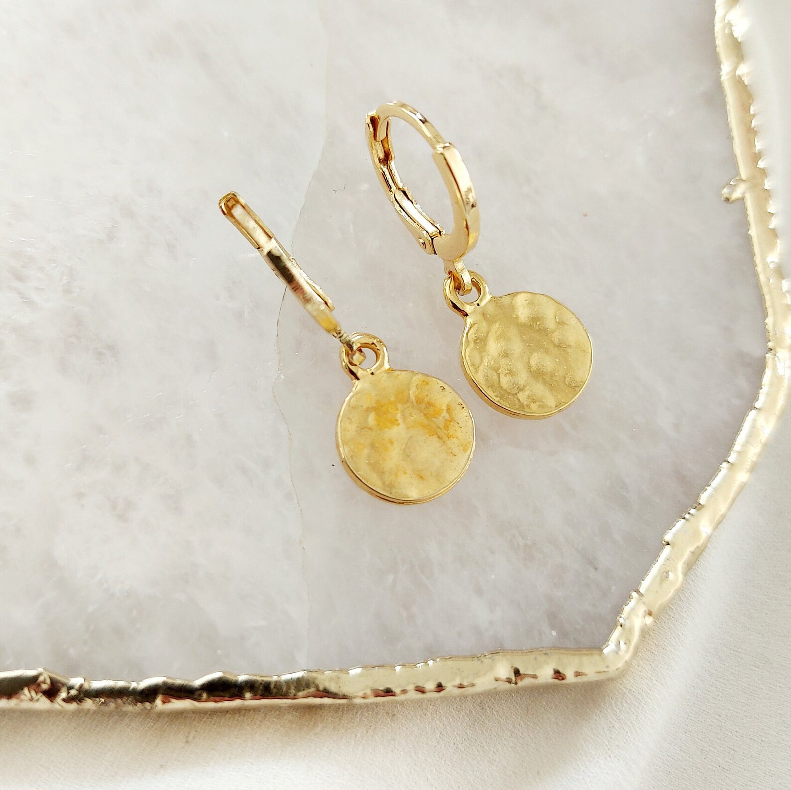 Hammered Gold Disc Earrings, Classic Gold Hoops, Coin Hoop Earrings ...