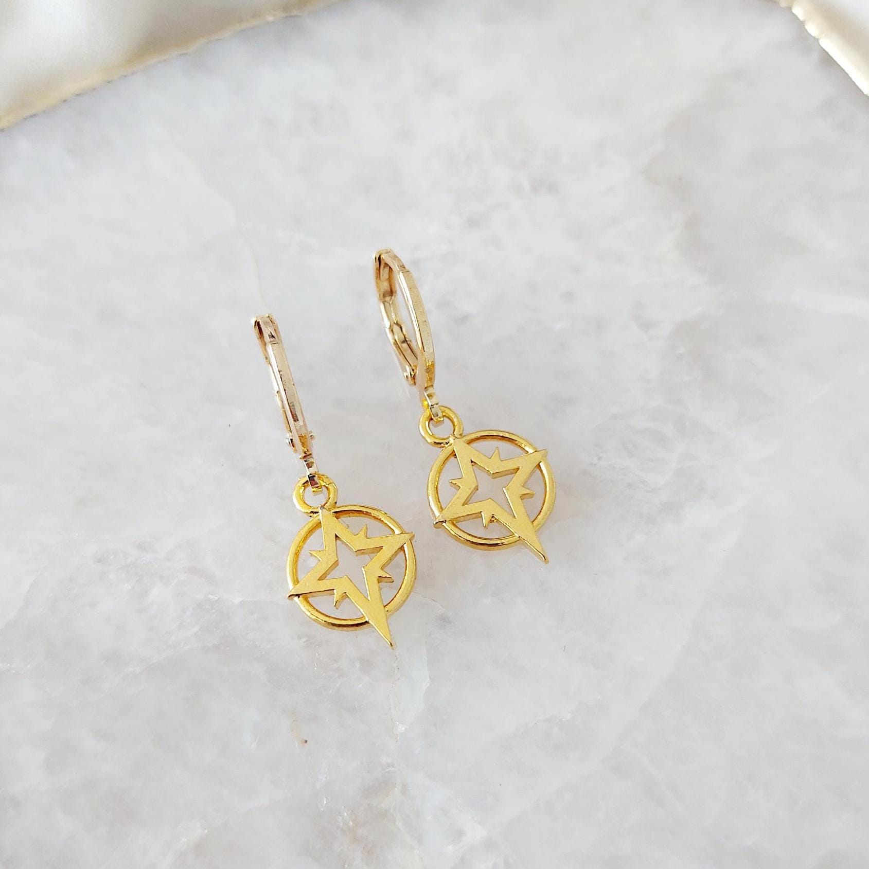 Gold Compass Moon Star Necklace and Huggie Hoop Earrings Set: Celestial ...