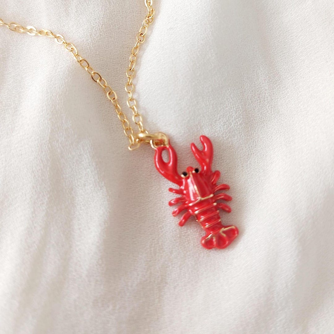 Red Enamel Lobster Charm Necklace, Gold Plated Chain - Etsy