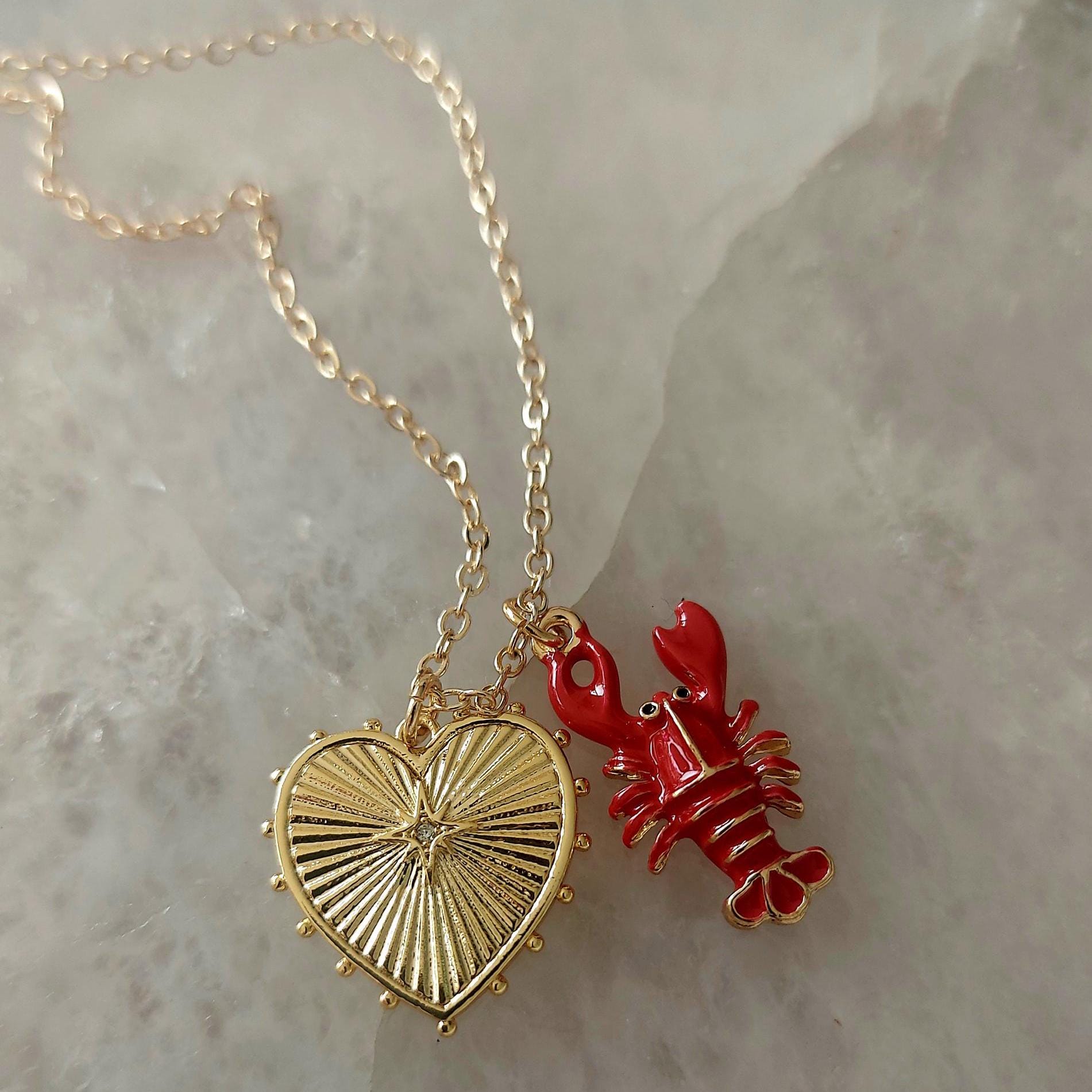 Gold Heart & Red Lobster Charm Necklace, Quirky Gift - Etsy