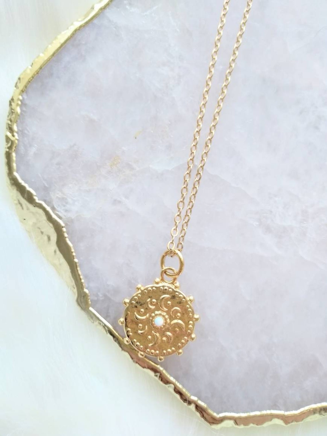Opal Disc Coin Necklace Delicate Disc Necklace Opal Stone | Etsy UK