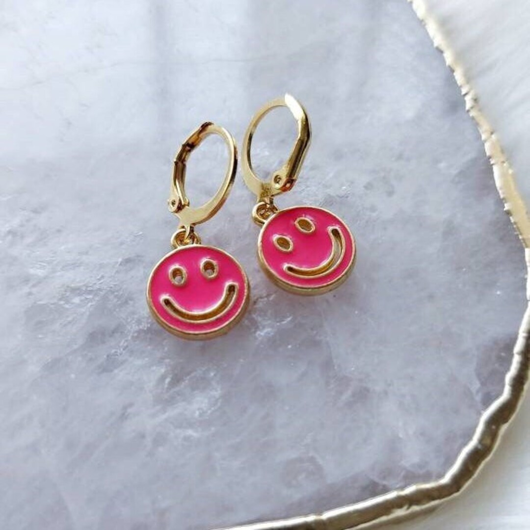 Pink Smiley Face Hoop Earrings, Huggie Hoops, Gold Hoop Charm Earrings ...