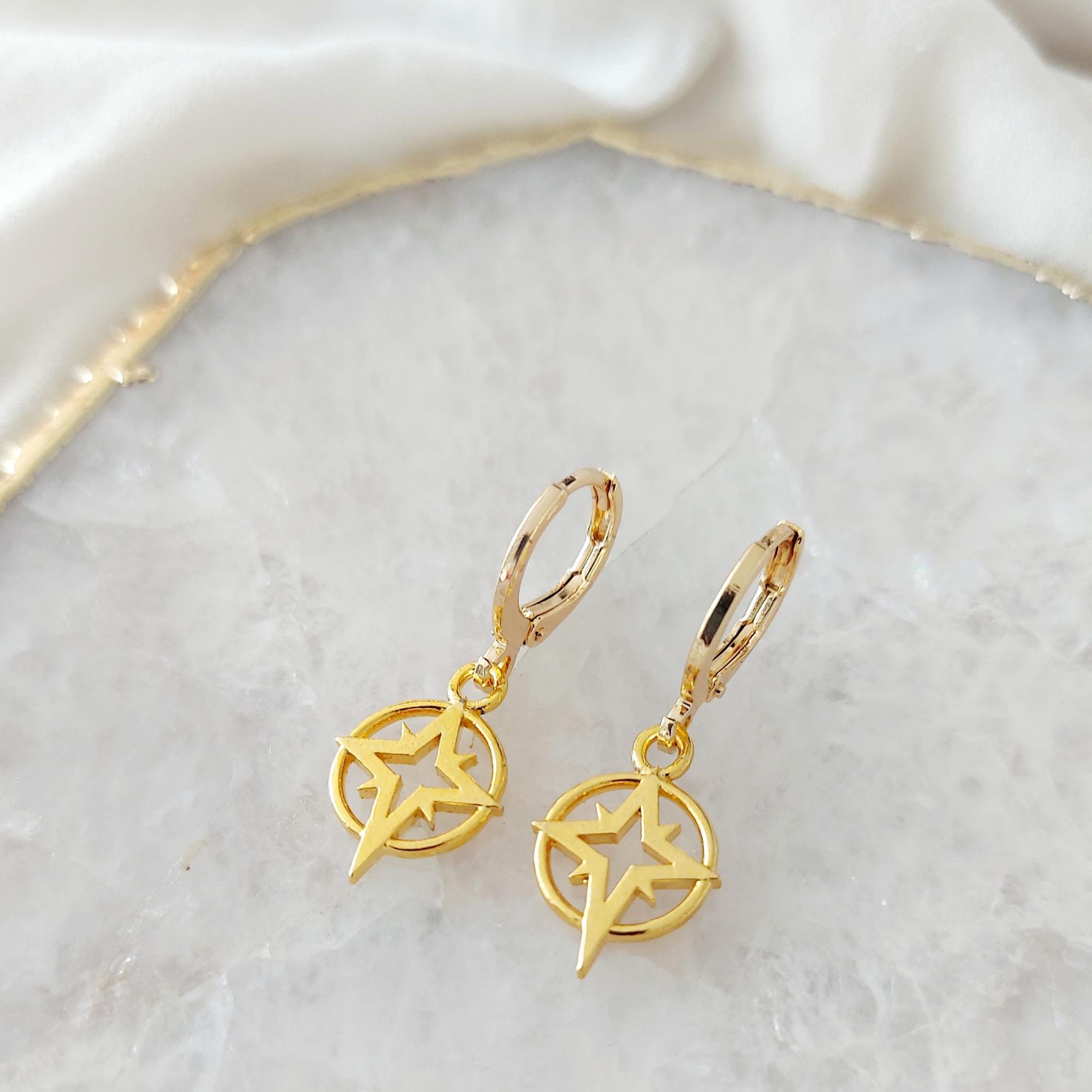 Gold Compass Moon Star Necklace and Huggie Hoop Earrings Set: Celestial ...
