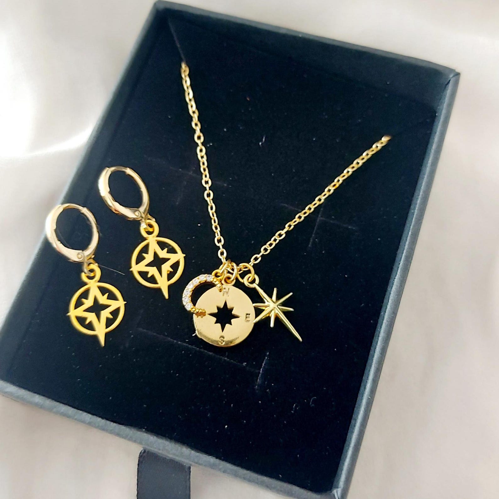 Gold Compass Moon Star Necklace and Huggie Hoop Earrings Set: Celestial ...