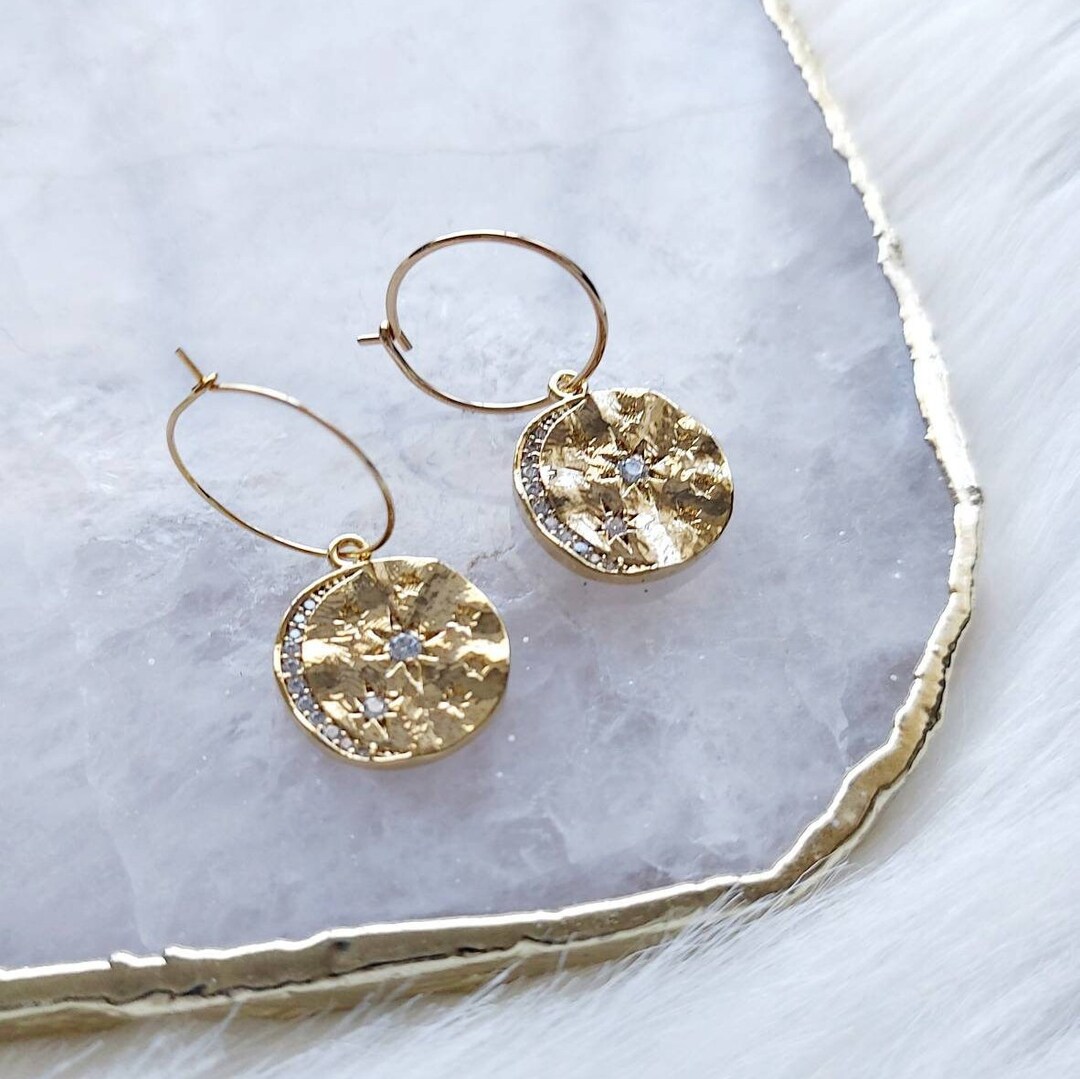 Gold Coin Hoop Earrings, Gold Star and Moon Coin Hoop Earrings, Gold ...