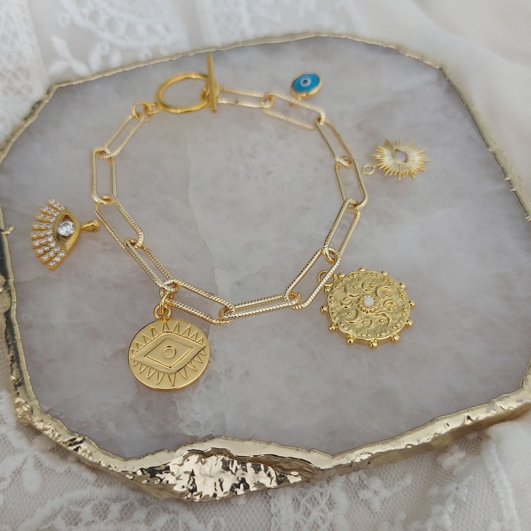 Thick Gold Chain Charm Bracelet, Gold Coin Chain Bracelet, Gold ...
