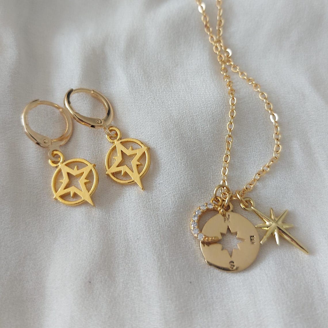 Gold Compass Moon Star Necklace and Huggie Hoop Earrings Set: Celestial ...