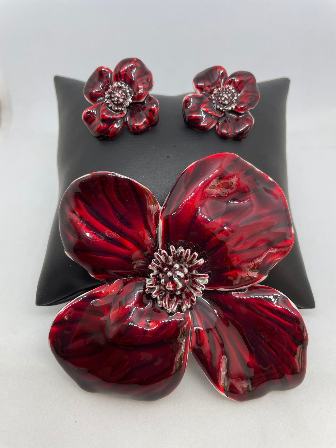 Erwin Pearl Vintage Enamel Flower Brooch and Earrings Excellent - Etsy