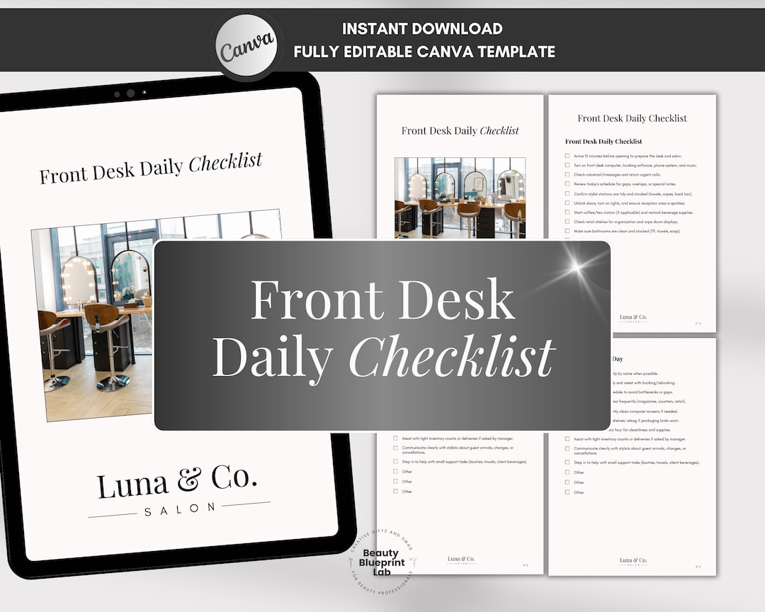 Salon Front Desk Checklist Template: Editable Receptionist Duties ...