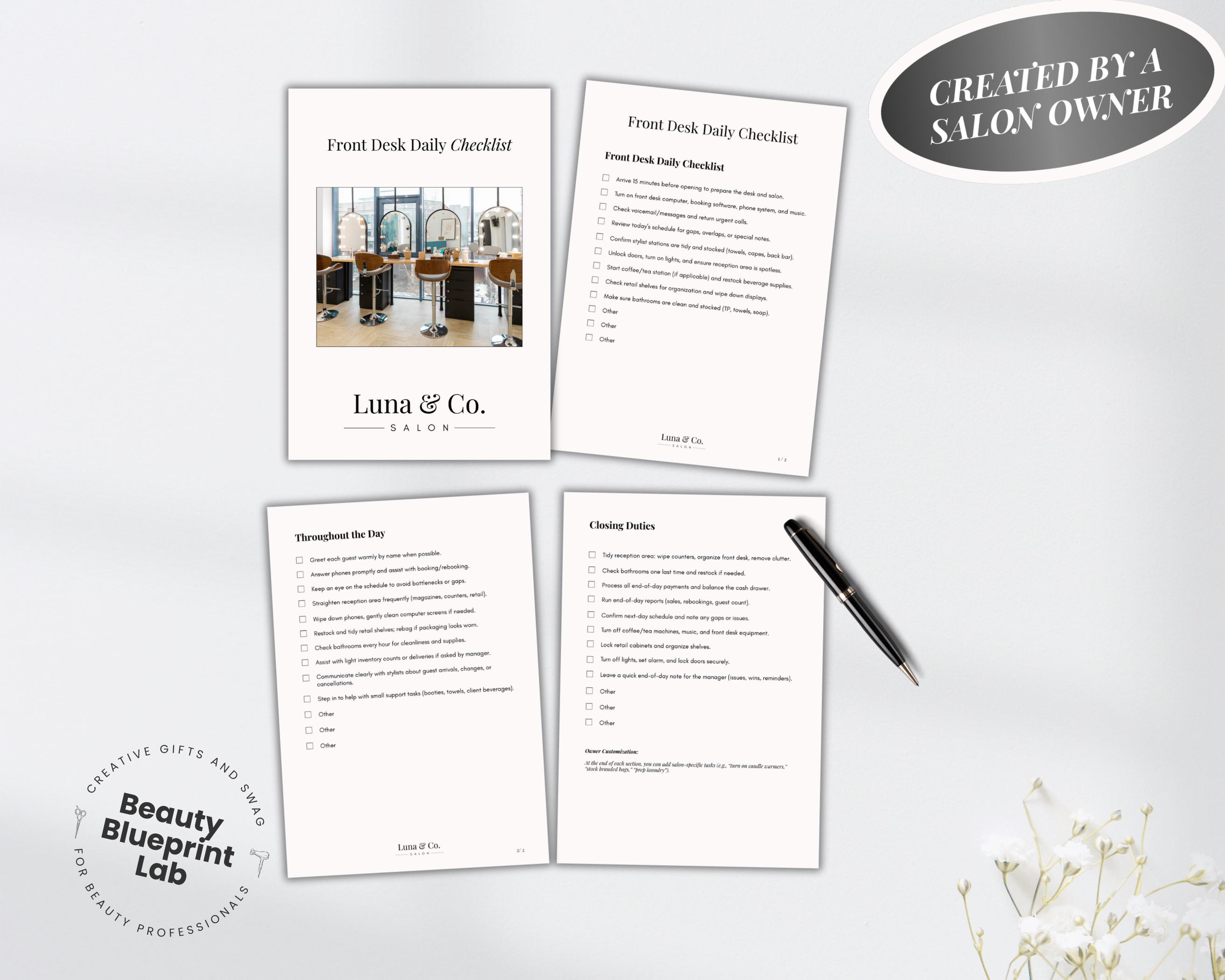 Salon Front Desk Checklist Template: Editable Receptionist Duties ...