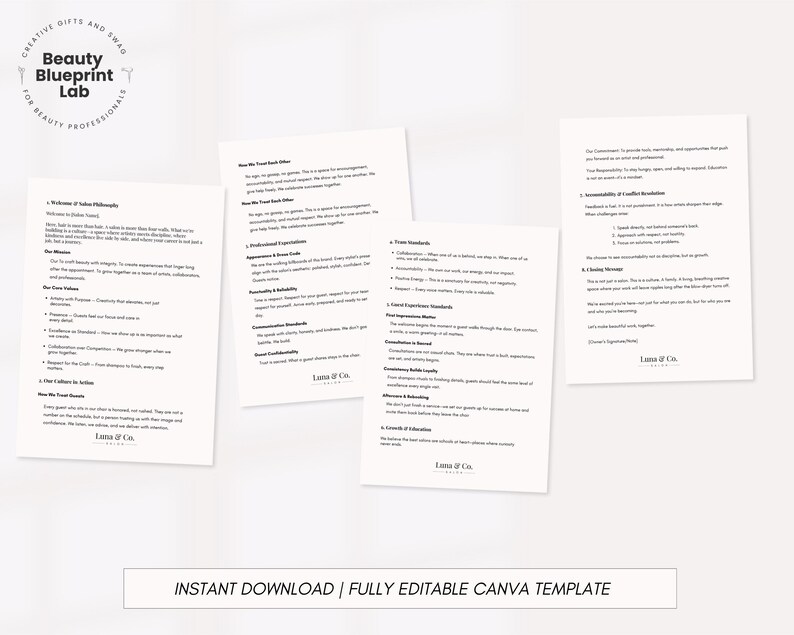 Editable Salon Team Standards Core Values Template | Employee Handbook ...