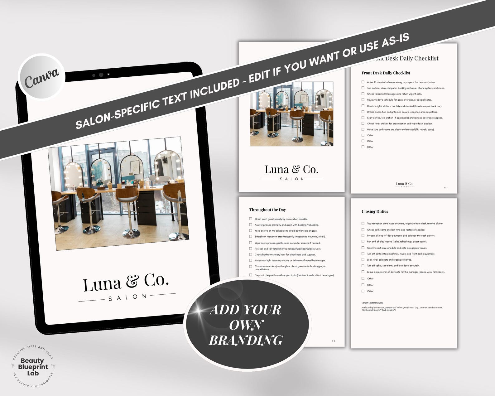 Salon Front Desk Checklist Template: Editable Receptionist Duties ...