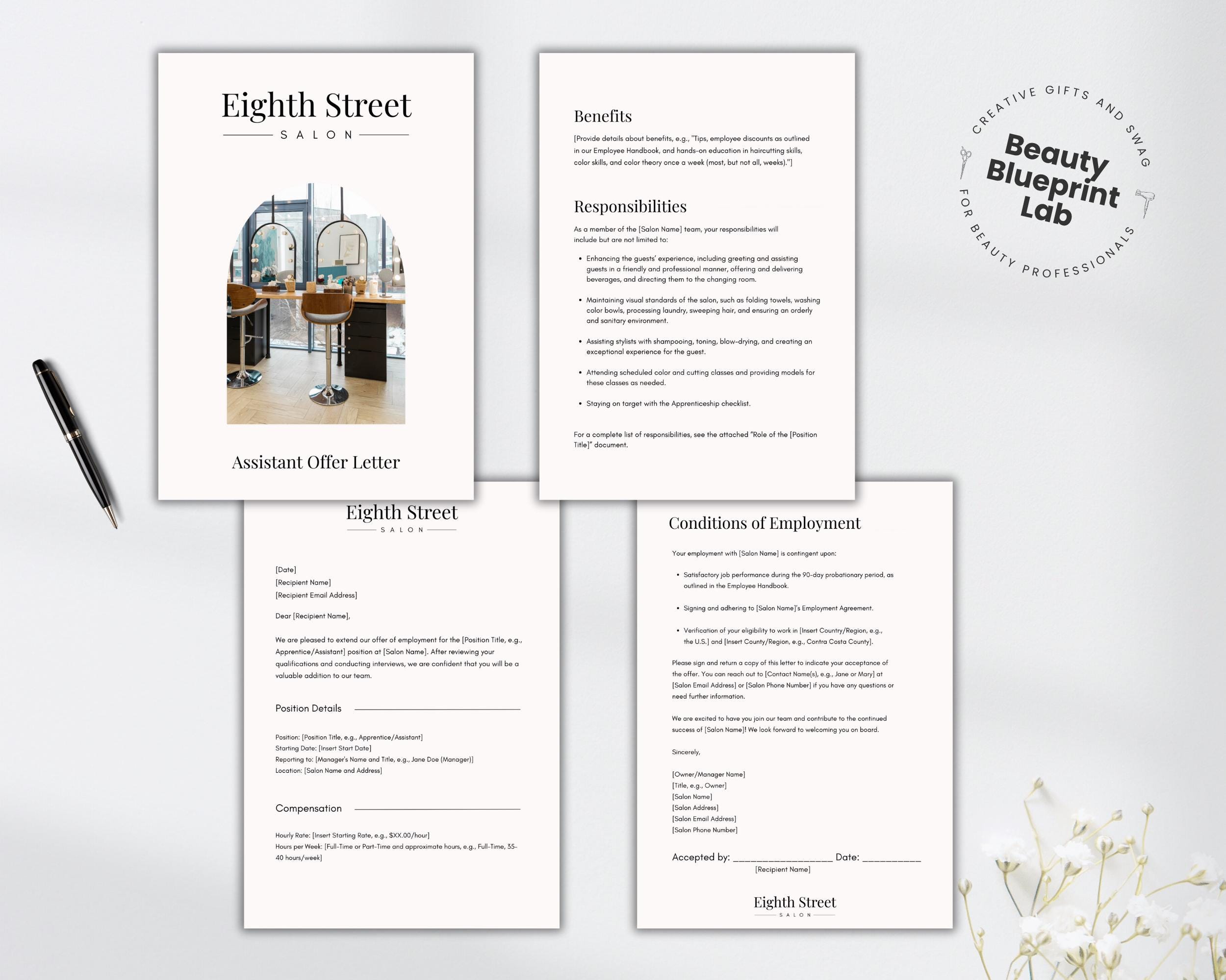 Editable Salon Assistant Offer Letter Template: New Hire Onboarding ...