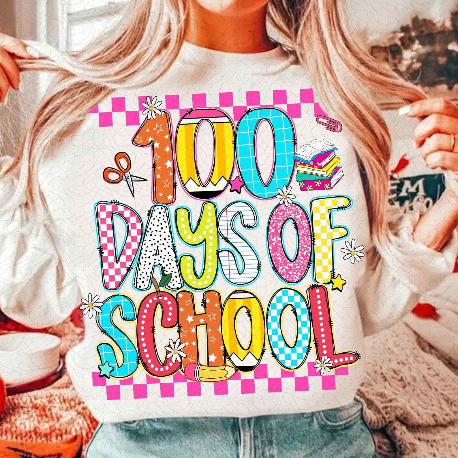 100 Days of School Png, Retro Checkered Png, Coquette Bow Png, Doodle ...