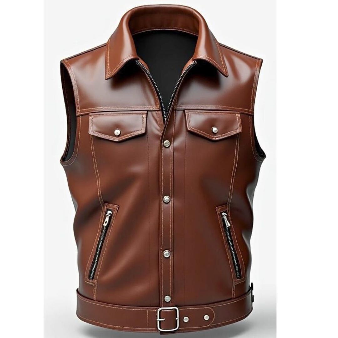 Brown Leather Vest Men Motorcycle Biker Vest Sleeveless Jacket Vintage ...