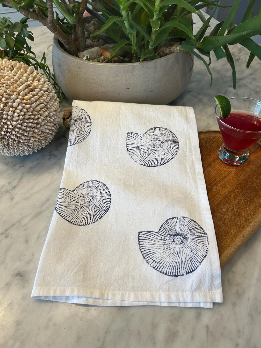 Hand Stamped Nautical Shell Tea Towel: Blue Cotton Kitchen Decor - Etsy