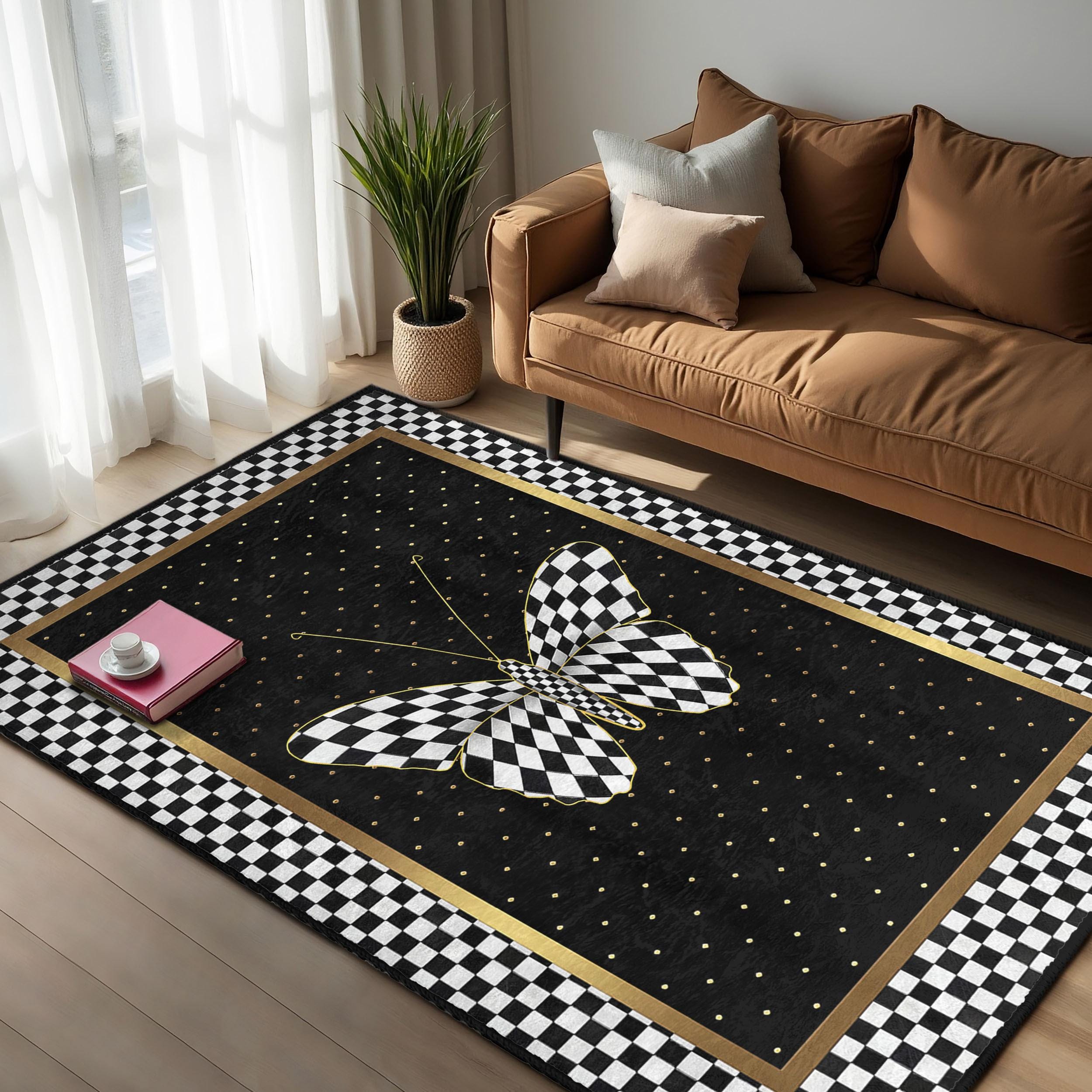 Checkerboard Butterfly Area Rug-black and White Check-border Gold ...