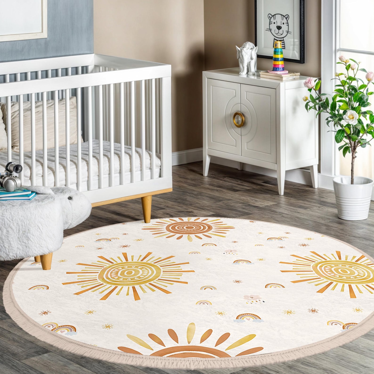 Sunny Radiance Kids Room Round Rug - Radiant Sun Rainbow Elements ...