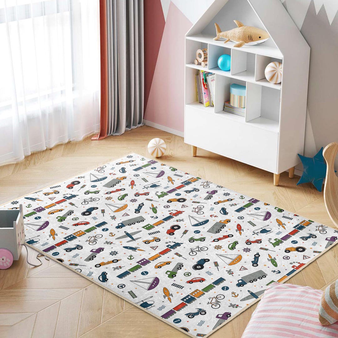 Vehicles Adventure Nursery Carpet-colorful Transport Icons Kids Room ...