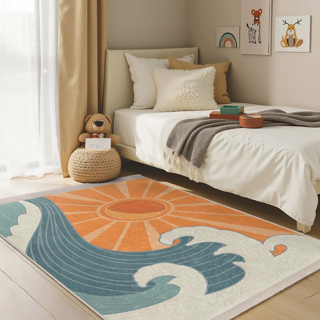 Sunshine Wave Design Kids Room Rug-orange Sunburst Ocean Nursery Carpet ...