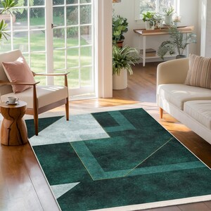 Teal Geometric Accent Rug-green Abstract Mat-stylish Anti-slip Carpet ...