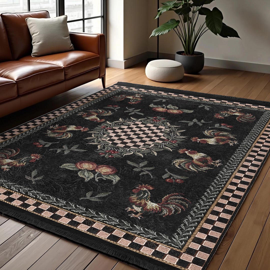 Checkered Rooster Area Rug-black Fruit Border Mat-floral Accent Carpet ...