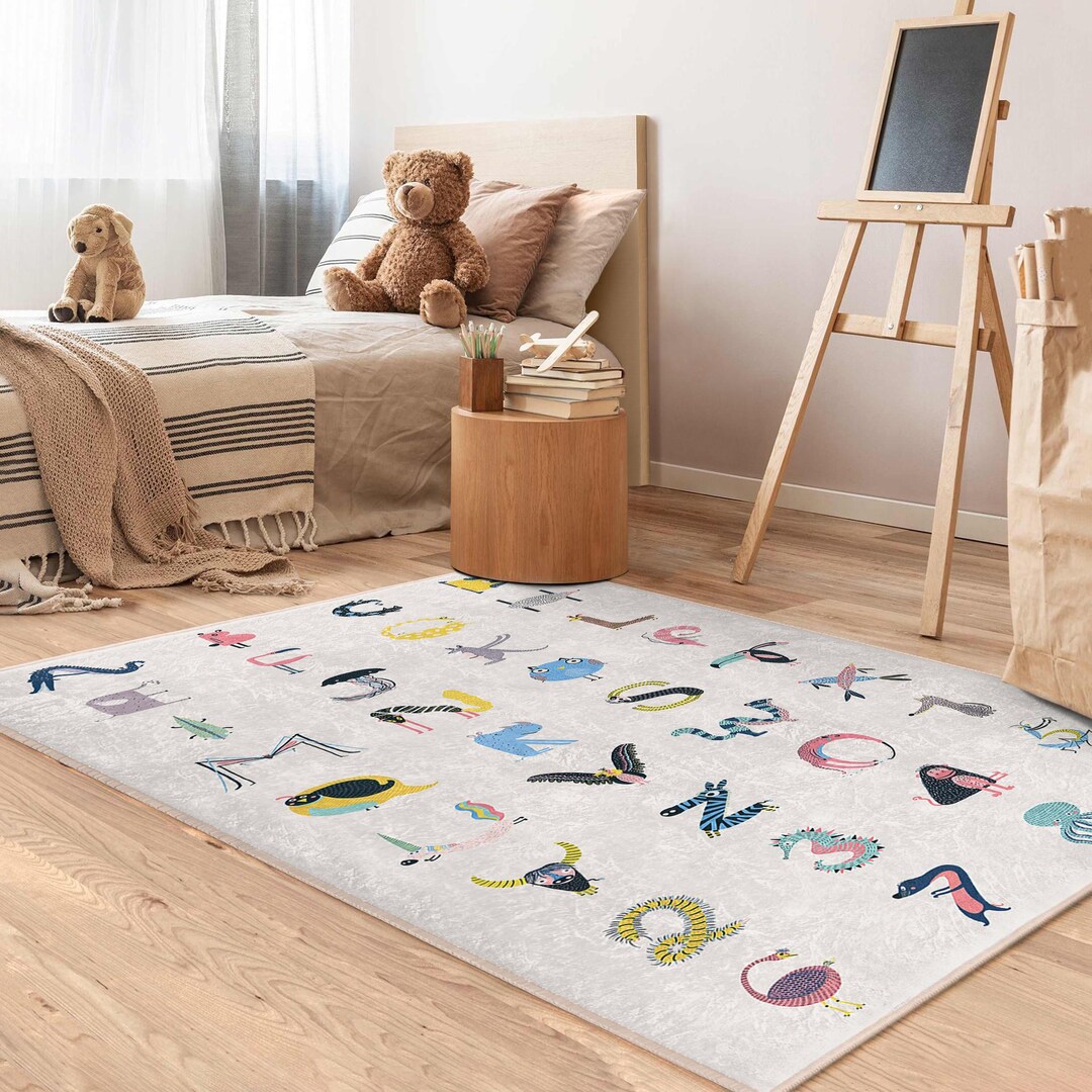 Alphabet Animals Nursery Carpet|colorful Creature Kids Room Rug|cute ...