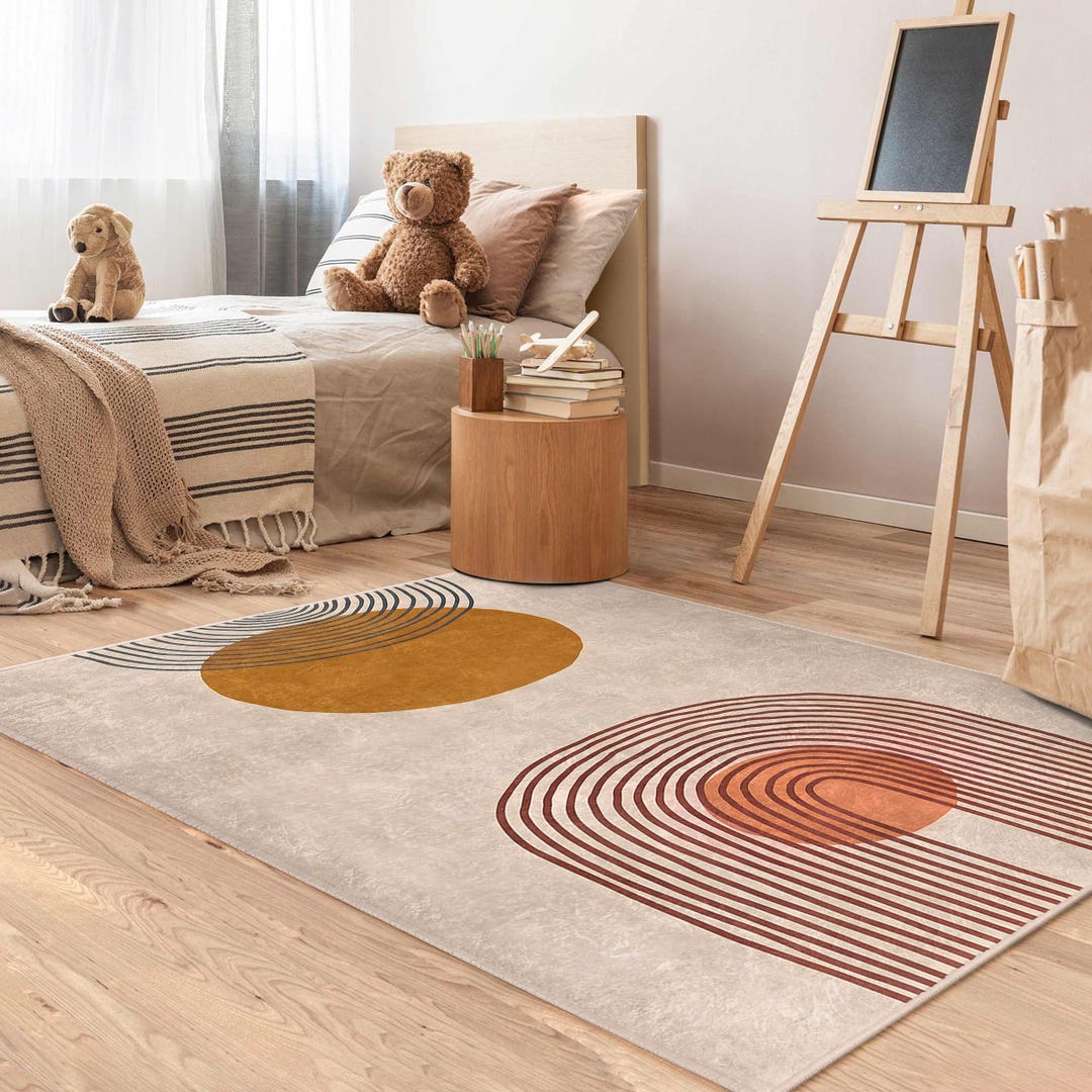 Artsy Circle Lines Kids Room Rug-wave Arch Neutral Nursery Carpet-rust ...