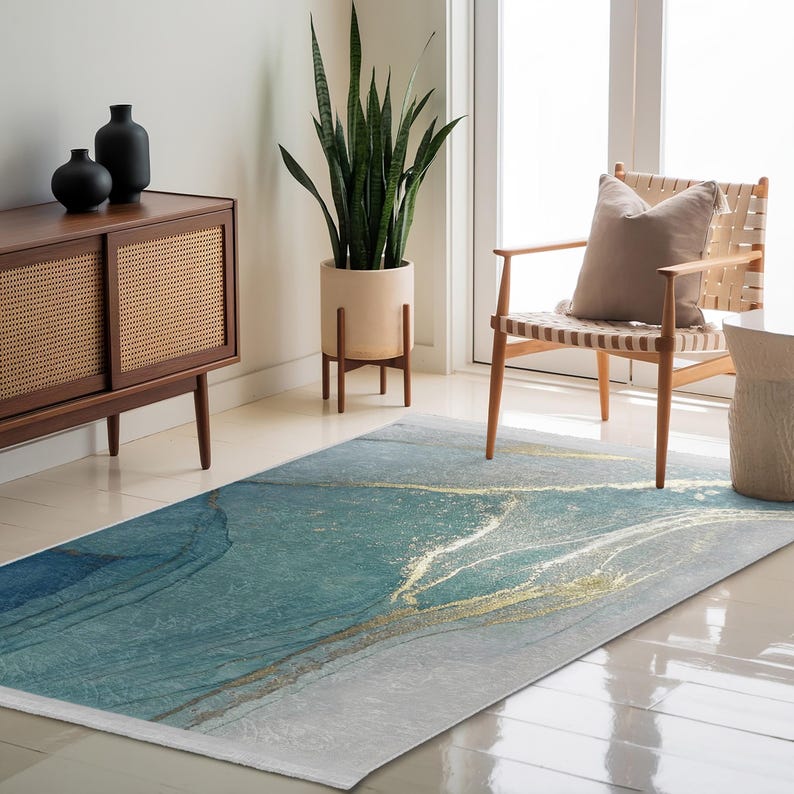 Ocean Inspired Area Rug-metallic Brushstrokes Accent Carpet-abstract ...