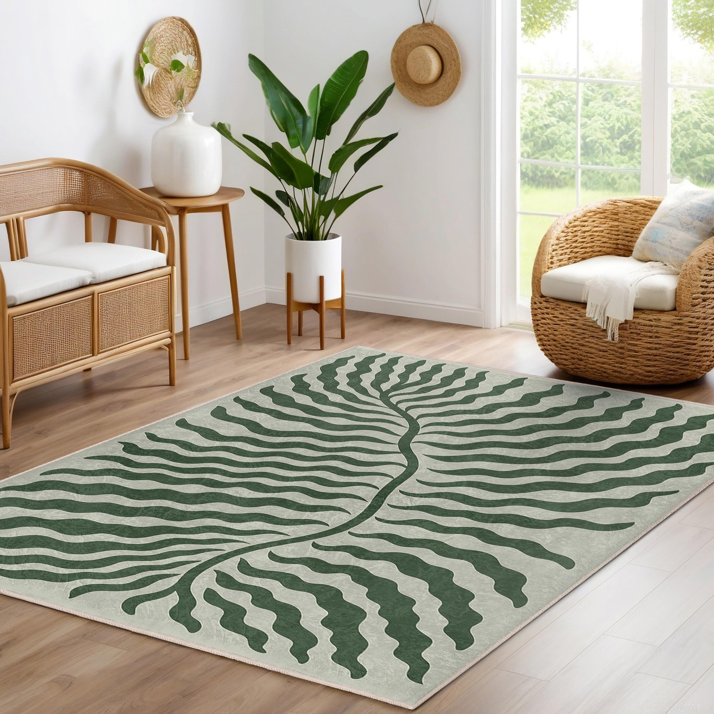 Green Wave Design Accent Rug-Zebra Leaf Pattern Carpet-Nature Inspired ...