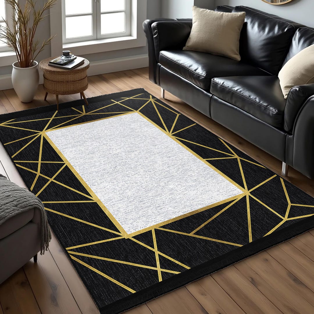 Geometric Gold Black Rectangle Area Rug-gold Line Modern Accent Mat ...