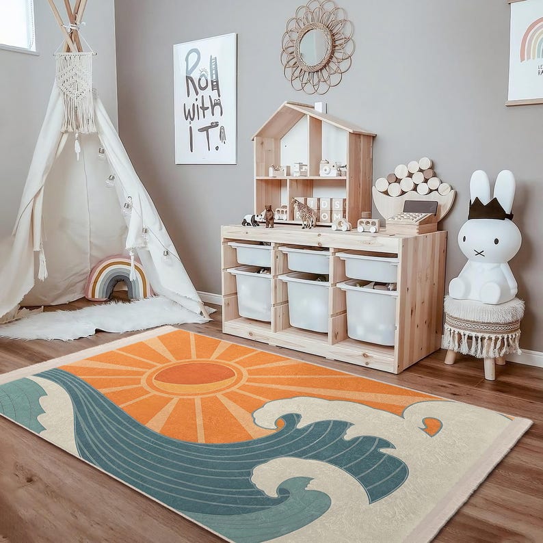 Sunshine Wave Design Kids Room Rug-orange Sunburst Ocean Nursery Carpet ...