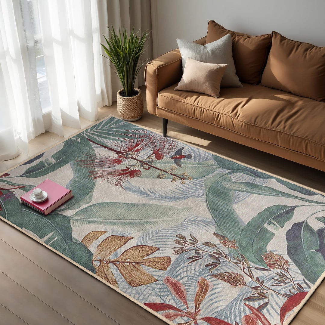 Leafy Green Botanical Area Rug-herbaceous Floral Accent Carpet-tropical ...