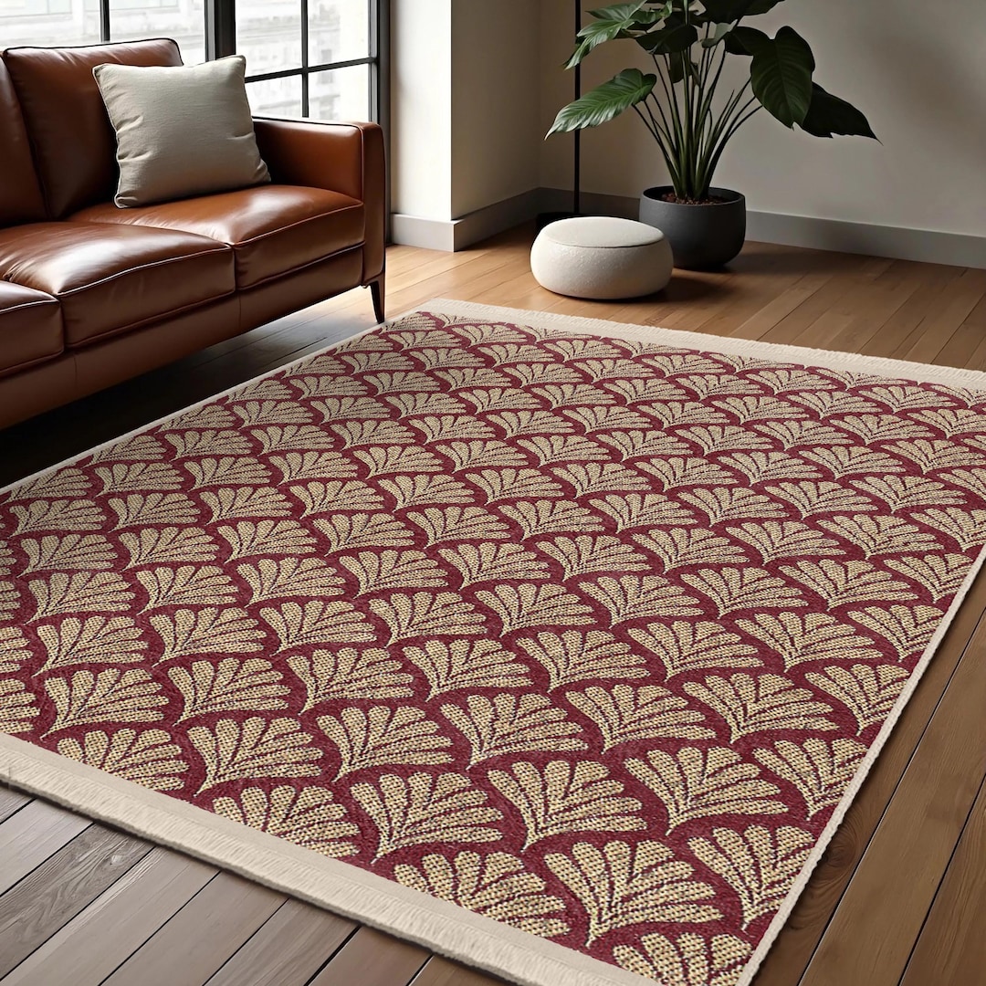 Art Deco Burgundy Area Rug-fan Shell Pattern Rug-beige Leaf Carpet ...