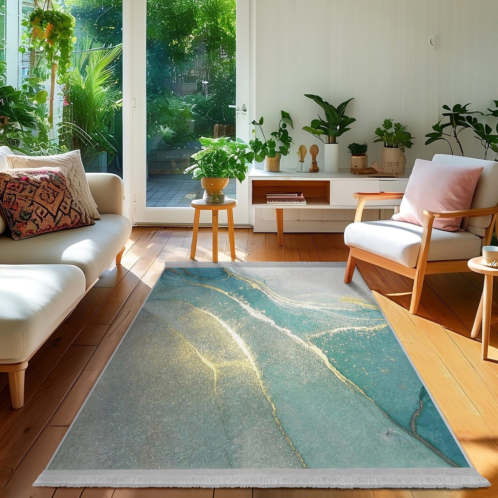 Teal Marble Accent Rug-gold Vein Design Carpet-turquoise Anti Slip Rug ...