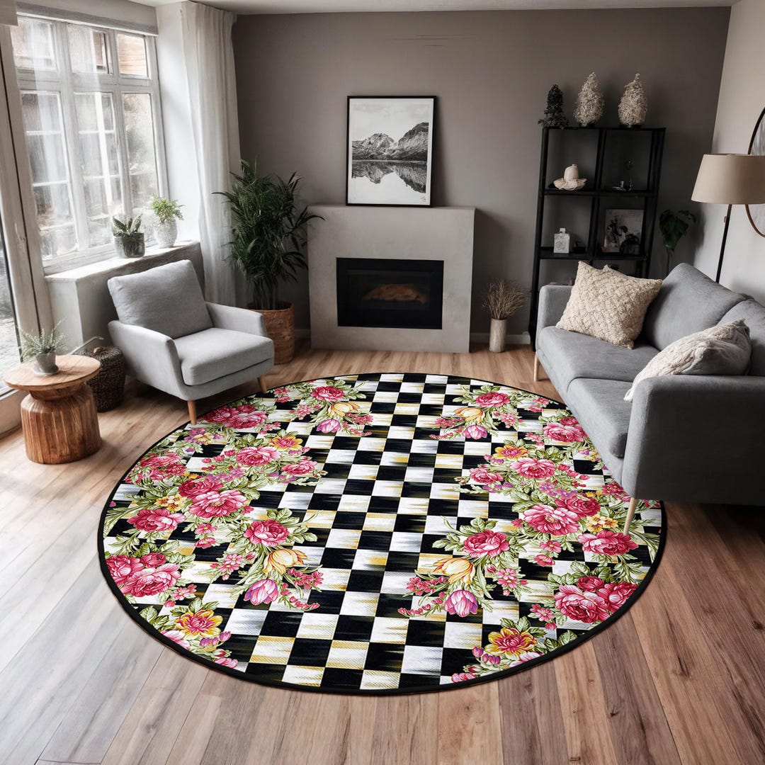 Colorful Floral Checkered Circle Carpet-black White Stripes Round Rug ...