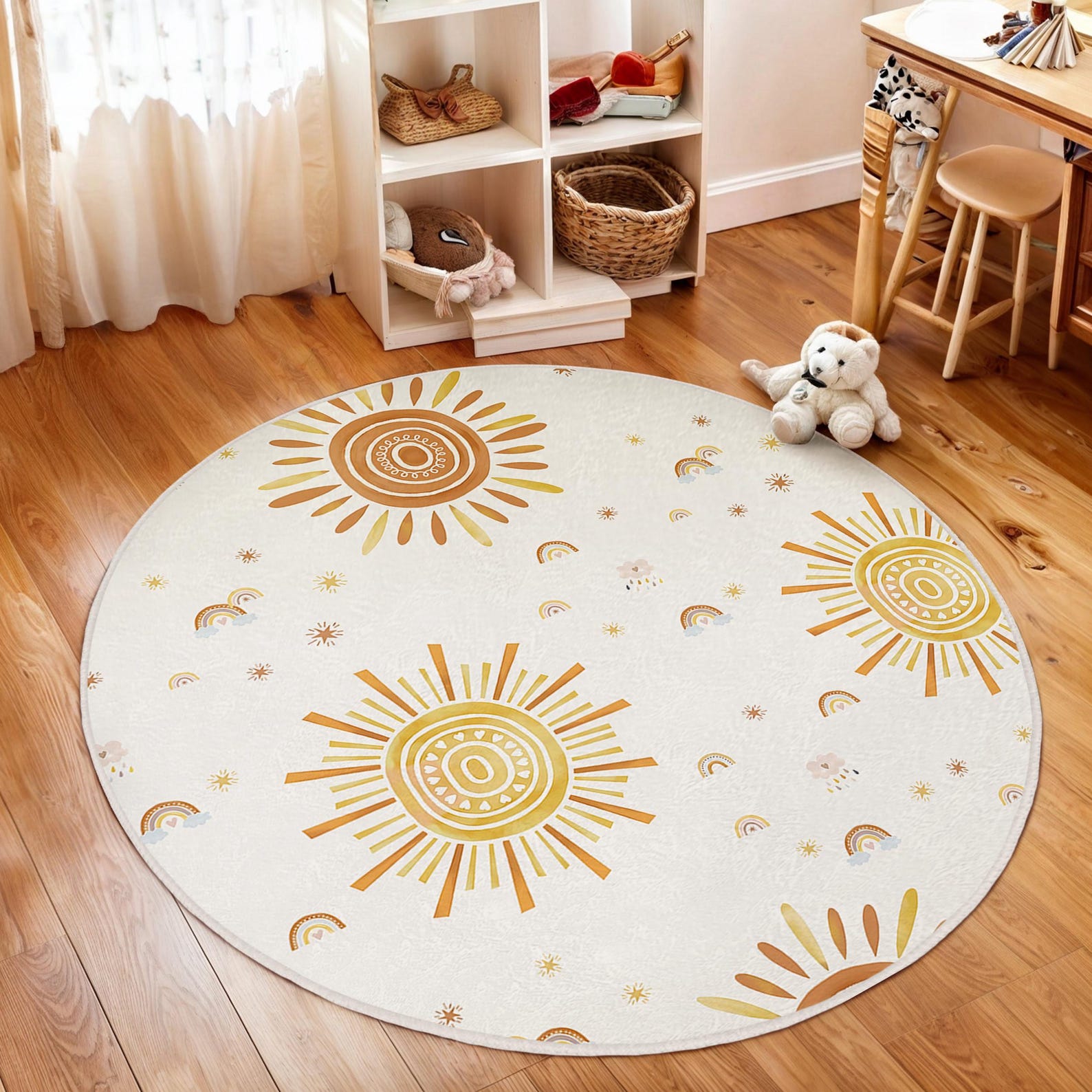 Sunny Radiance Kids Room Round Rug - Radiant Sun Rainbow Elements ...