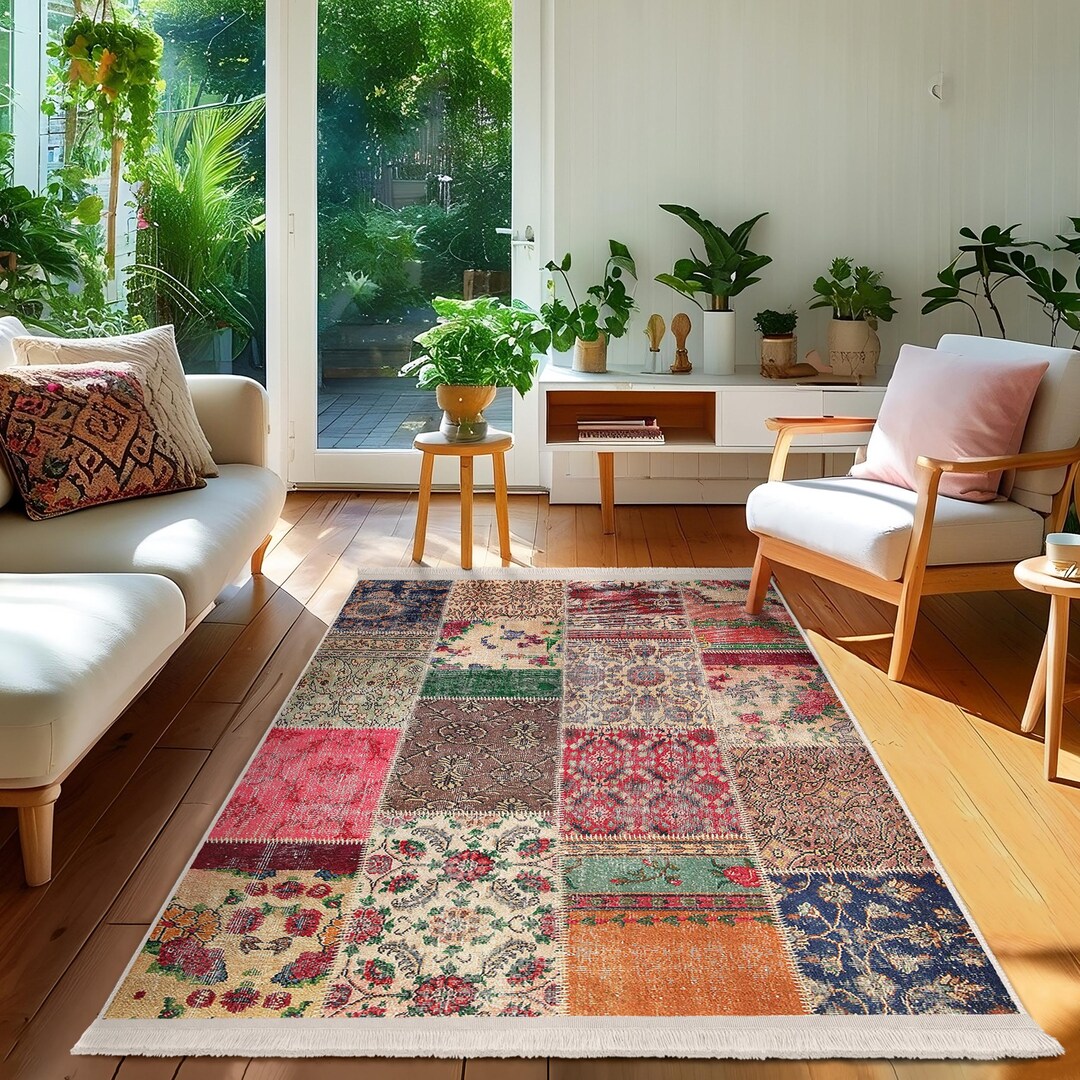 Patchwork Multicolor Area Rug-floral Geometric Accent Rug-bohemian Anti ...